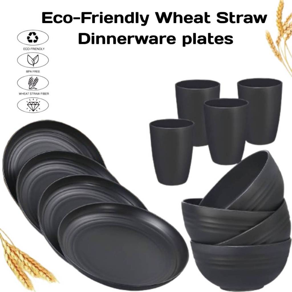 FAMILIFE 12pcs Dinnerware Sets Eco-Friendly Wheat Straw Plates, Bowl ...