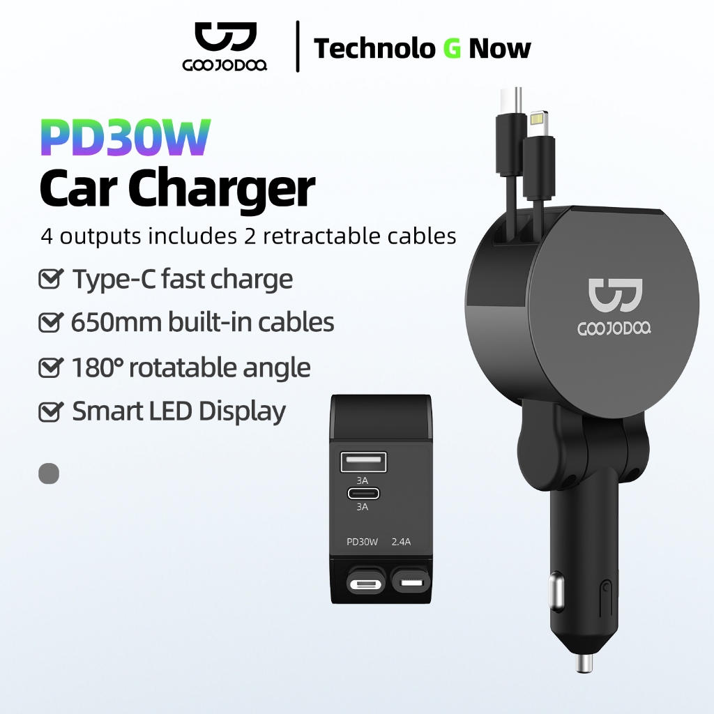 GOOJODOQ 4 IN 1 PD 30W Car Charger Fast Charging Socket for iPhone Type ...