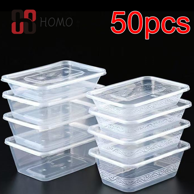 50pcs Rectangle Microwavable Food Container Disposable Plastic Tub Fast ...