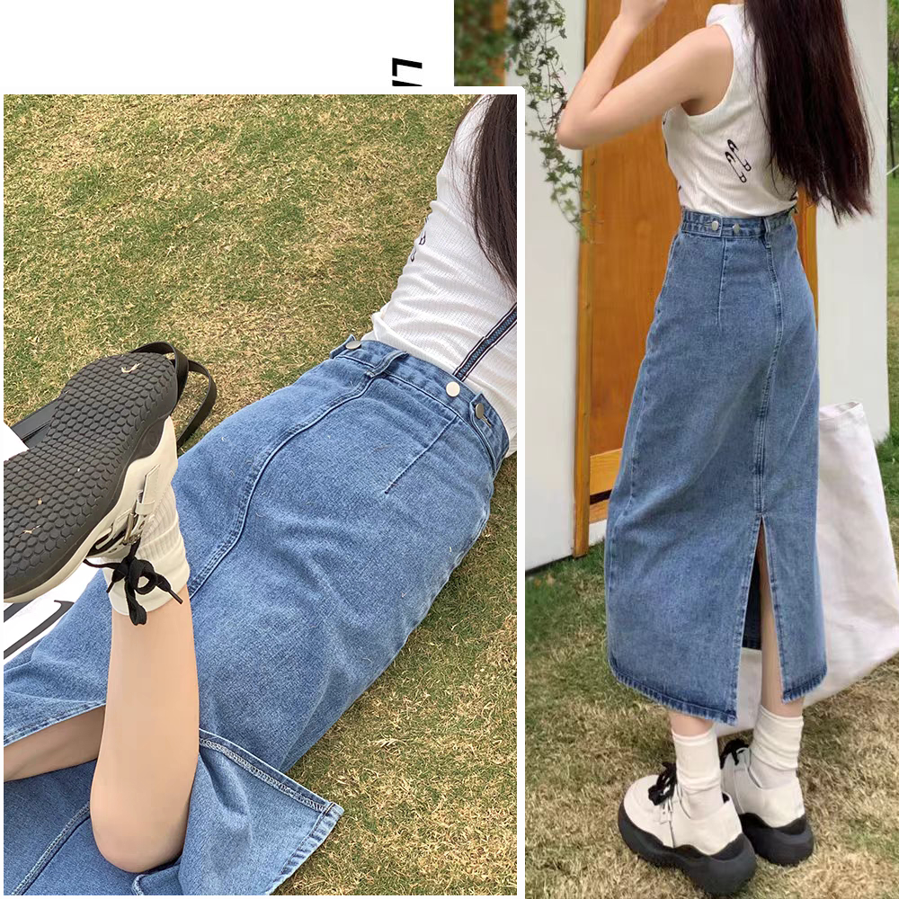 Back slit denim skirt for petite women Spring autumn style high waist ...
