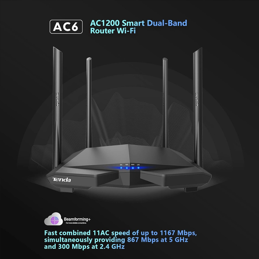 Tenda AC6 Smart WiFi Router 1200Mbps High Speed Dual Band 2.4Ghz&5Ghz ...