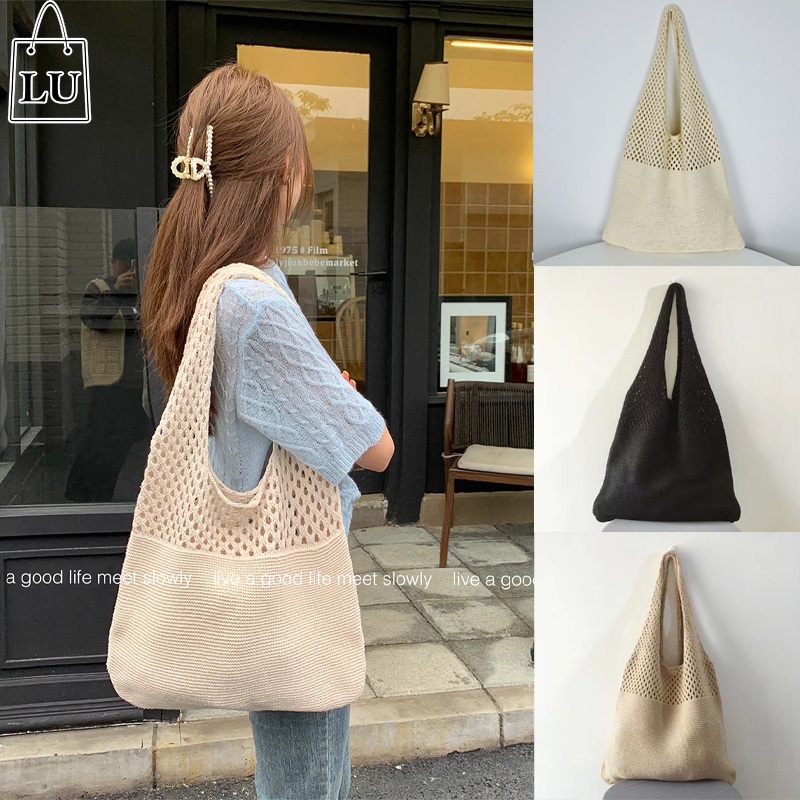 【COD】Knit Tote Bag Shopping Bag Casual Hollow Woven Shoulder Bag Large ...