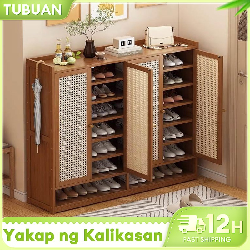 RUBUAN 7Layers Shoe Cabinet With Cover Rattan Shoe Rack Bamboo/Wooden ...