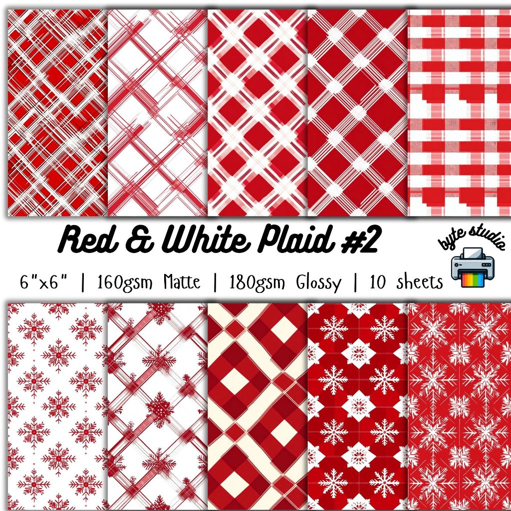 10 Sheets Red & White Plaid #2 by byte studio | Cardstock Craft Paper ...