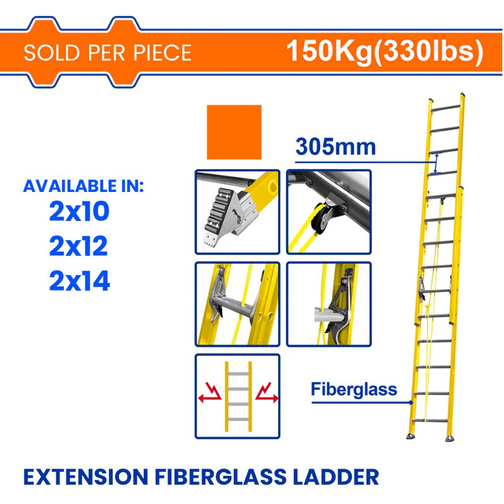 BUILDMATE Wadfow 150kg Extension Fiberglass Ladder 10 - 14 Steps Safe ...