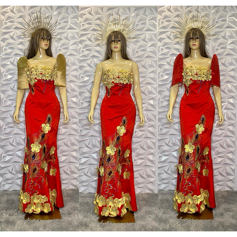 modern filipiniana red/gold long gown detachable sleeves | Shopee ...