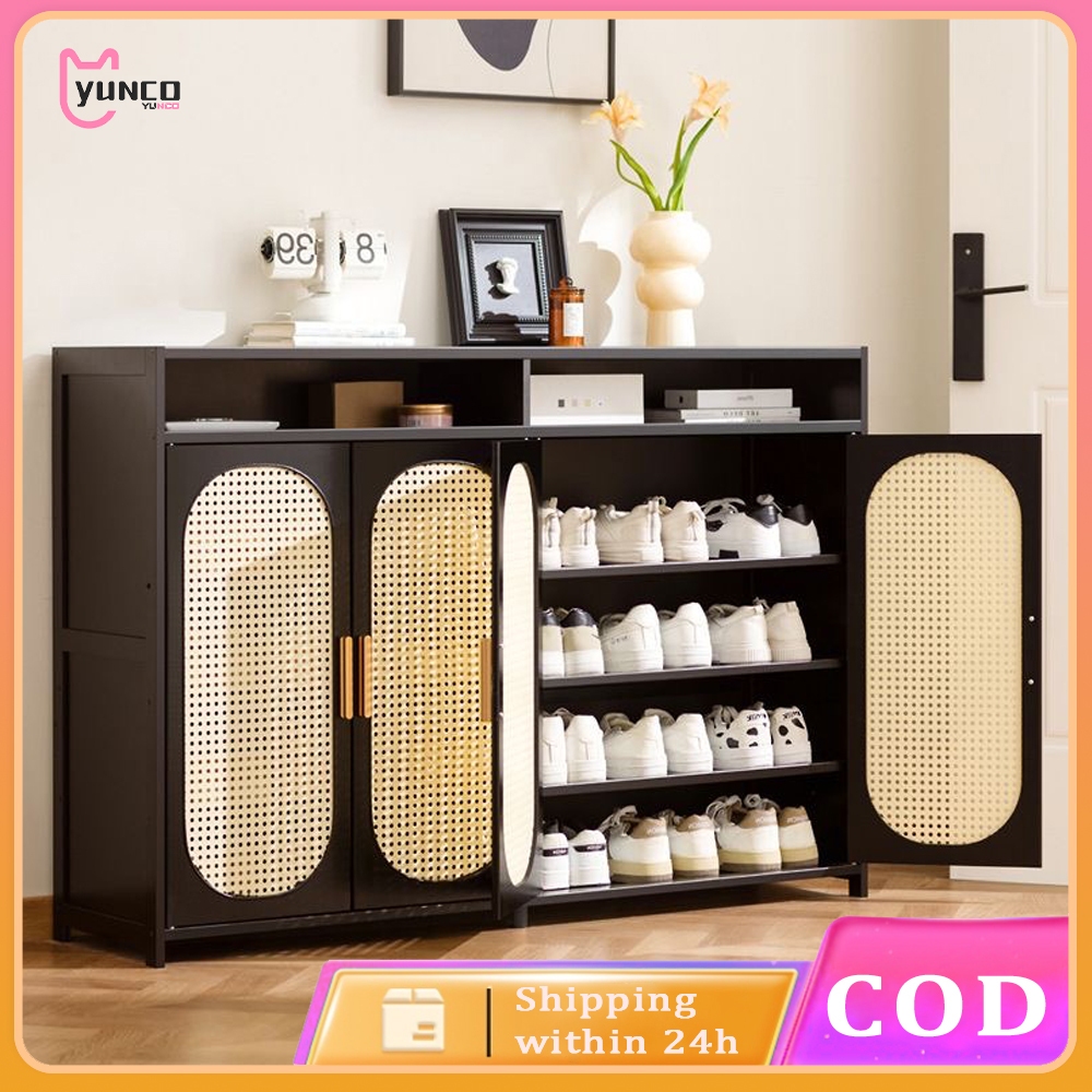 High-end Shoe Cabinet With Rattan Door Breathable Bamboo Wood ShoeRack ...