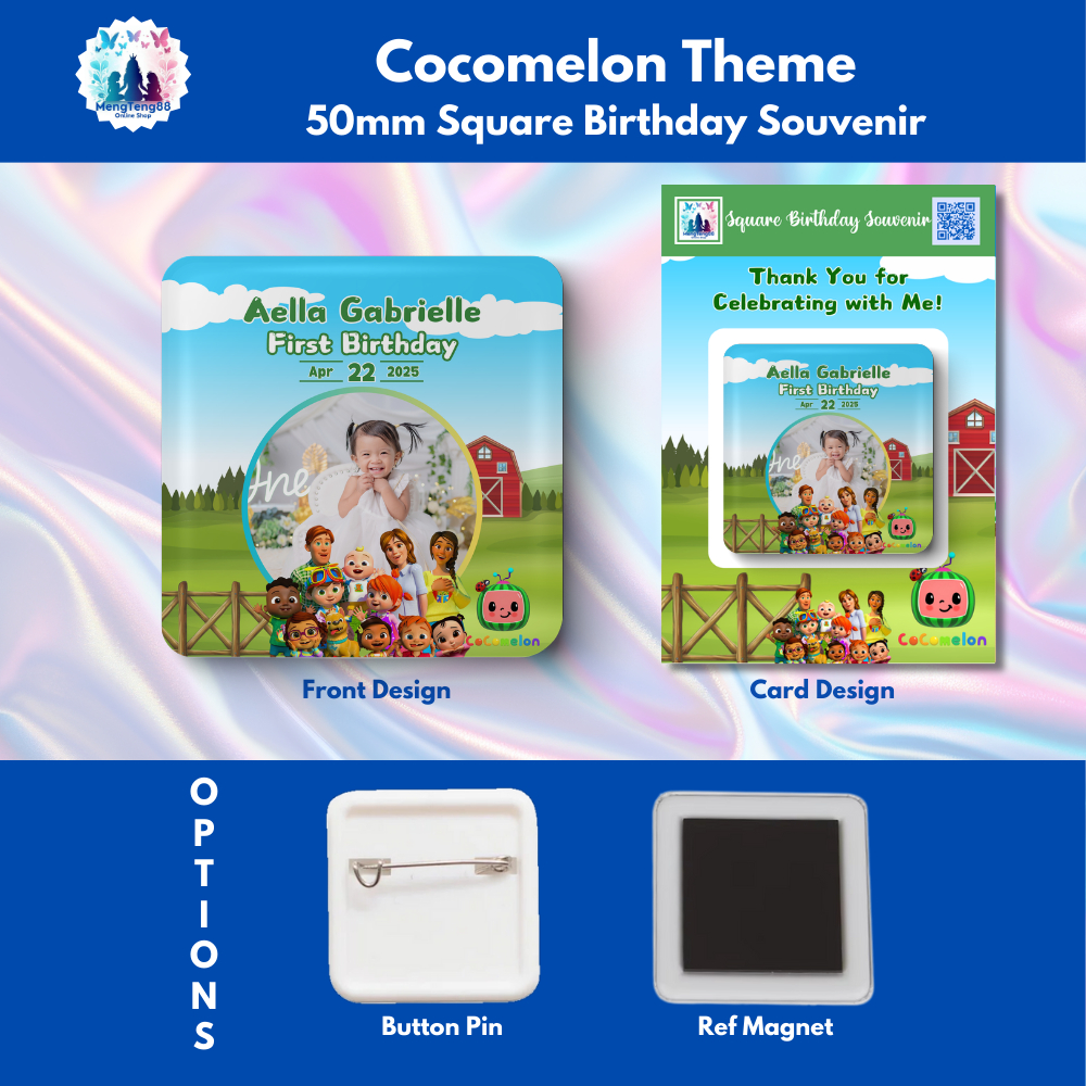 Cocomelon Theme Personalized Birthday Souvenir: Square Badge Pin / Ref ...