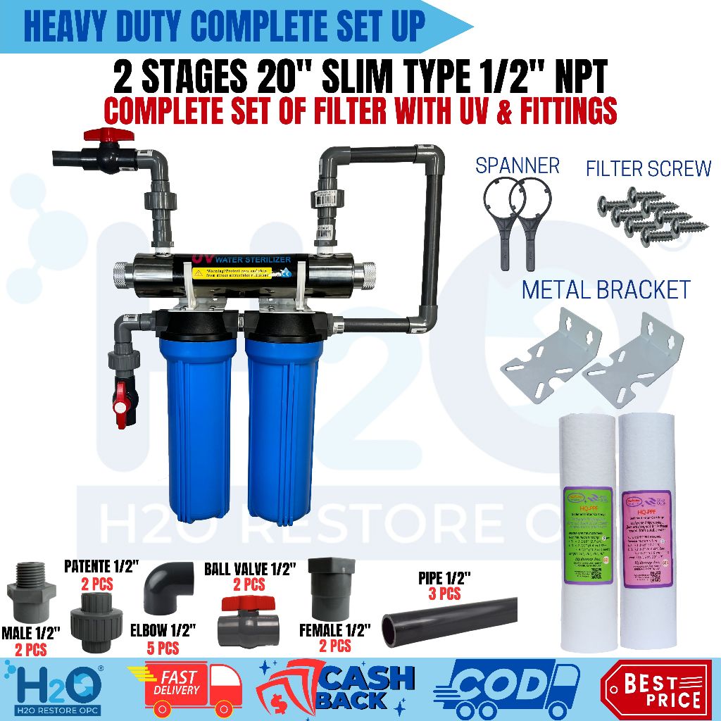 Water Filter 2 Stages 10″ Slim Type All Sediment Set Up with 2GPM UV ...