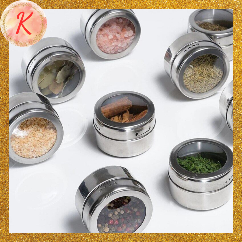 9pcs Magnetic Spice Jar Set Stainless Steel Storage Tins Rack Seasoning ...