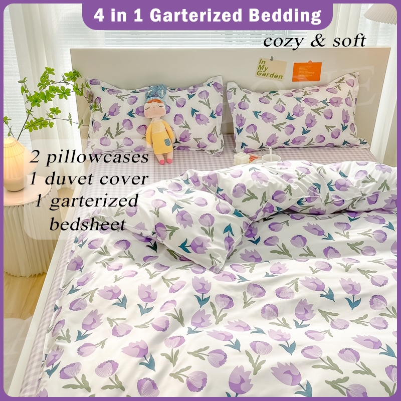 Floral Full Garterized 4 in 1 Bedding Set US Cotton Queen Fitted ...
