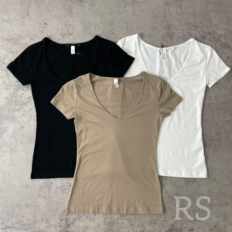 H&M Basic Cotton V-Neck T-Shirt Authentic Overruns | Shopee Philippines