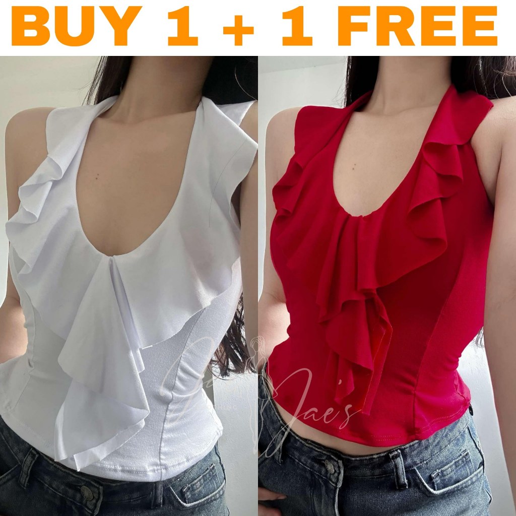 Aiah Buy 1 + 1 Free (2PCS) V-Neck Classy Ruffle Halter Cotton Basic ...
