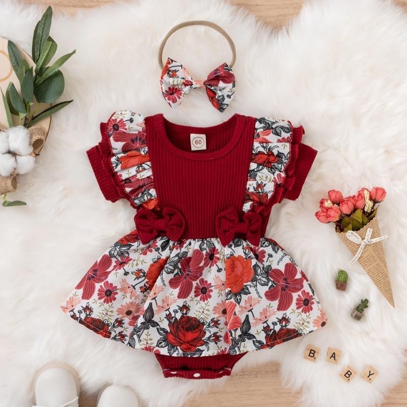 Christmas Baby Clothes Red Short Sleeves Romper With Floral Dress Set ...