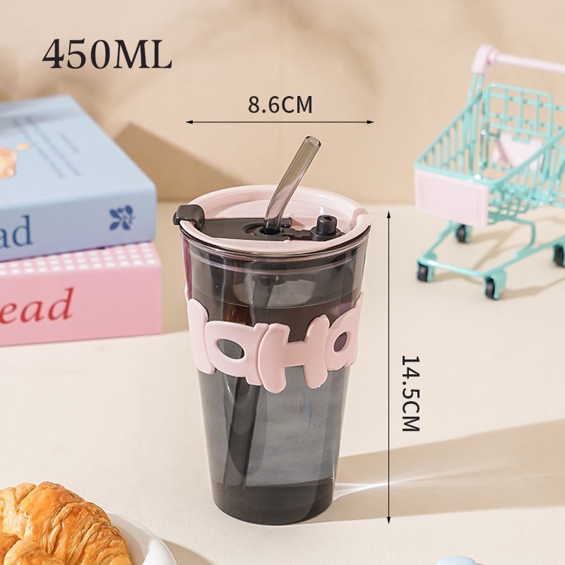 HALOMALL 400/450ML Trendy Glass Cup High-End Cup Letter Cup With Straw Double Drinking Cup Glass ...