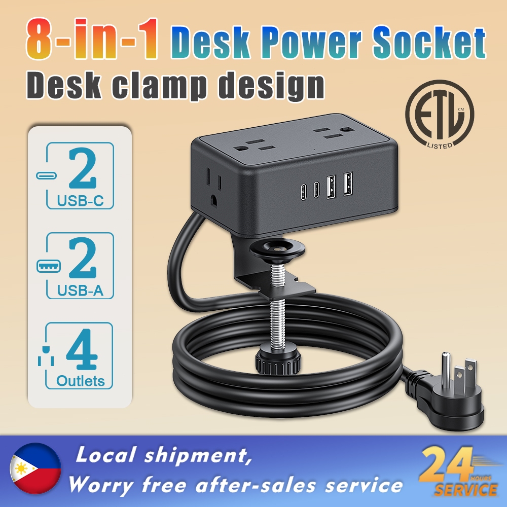8-in-1 Desktop Socket Desk Clamp Power Strip With USB C 2m Heavy Duty ...