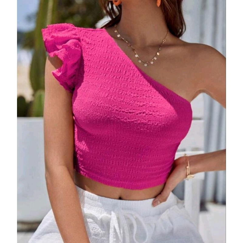 One Shoulder Ruffle Trim Crop Tee Asymmetrical Top hot pink | Shopee ...