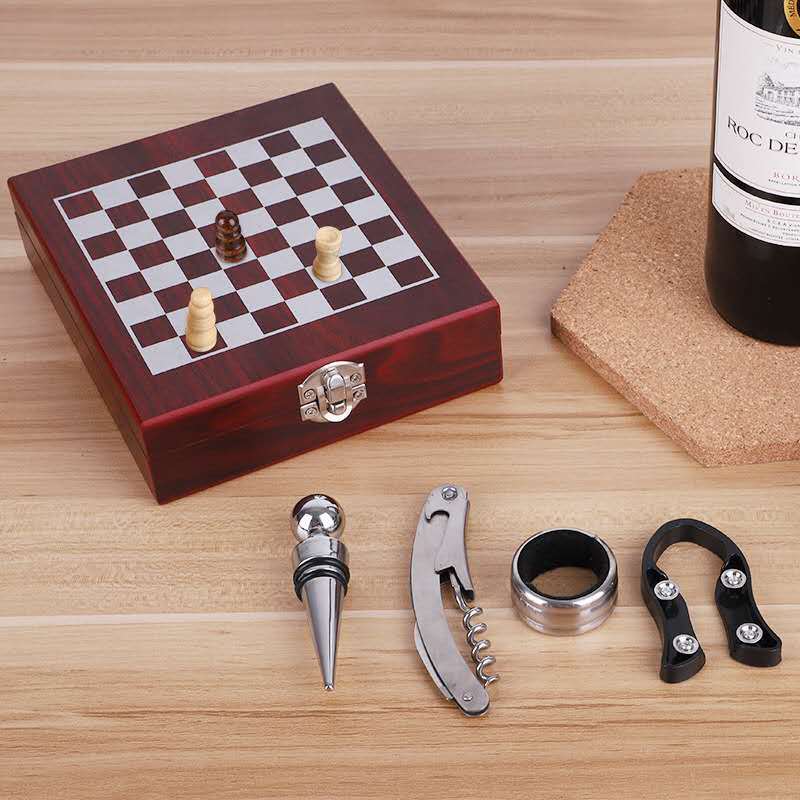Wine Tool Box Opener Gift Set Wooden Box with Wooden Chess Piece and ...