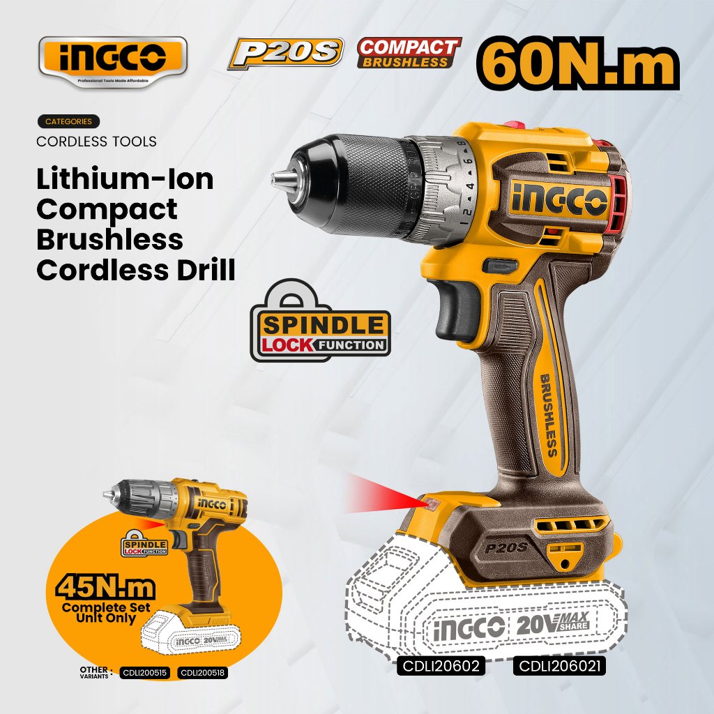 Ingco Brushed / Brushless 20V Cordless Drill Driver Rechargeable ...