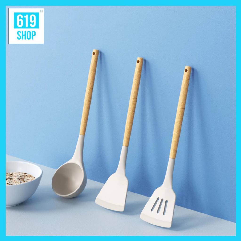 Lucky 3PCS White Silicone Kitchenware Cooking Utensils Set Wooden ...
