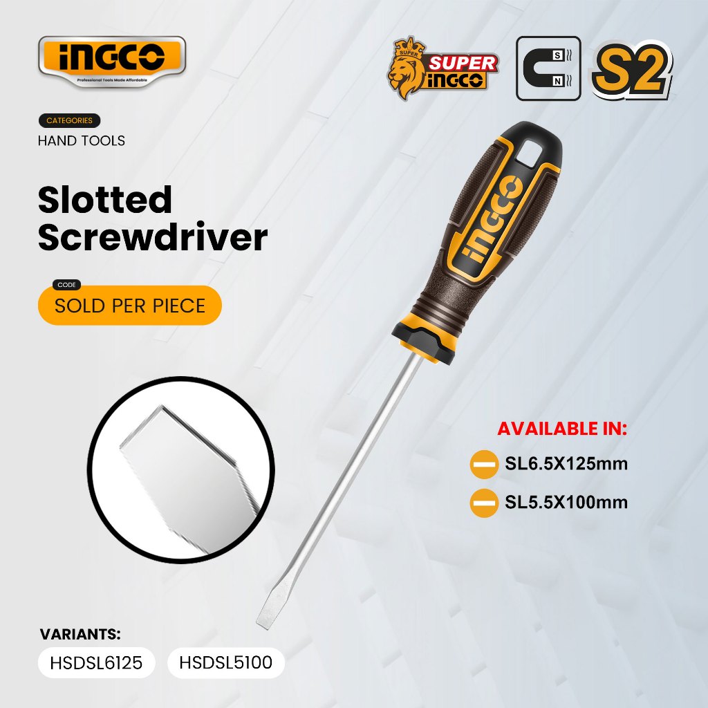 Ingco SL6.5x125mm S2 Magnetic Slotted Flat Screwdriver Flathead Tip ...
