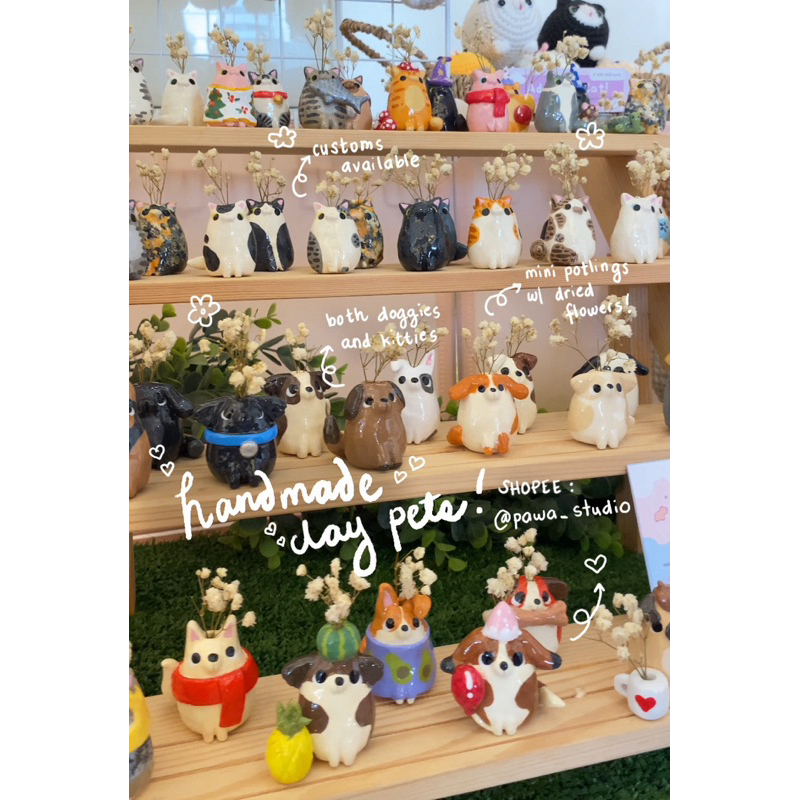 Handmade Clay Pets | CAT Mini Potlings with Dried Flowers | Desk Buddy ...