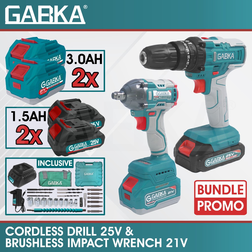 GABKA Cordless Drill 25V & Brushless Impact Wrench 21V Set Bundle ...