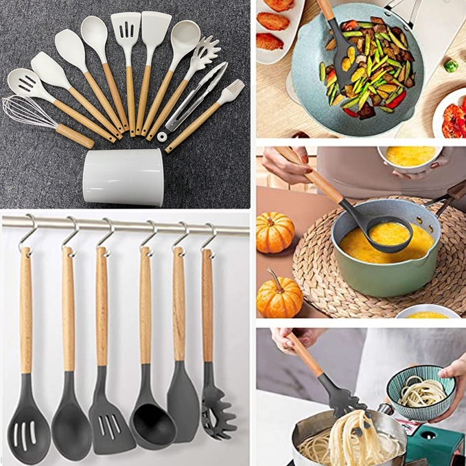 12-Piece Silicone Kitchen Utensils Non-Stick Wooden Handle Cooking Set ...