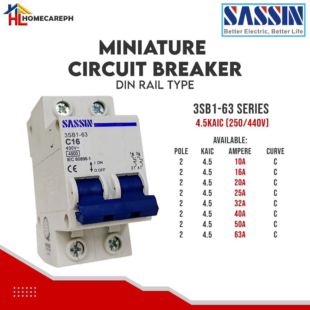 Sassin Miniature Circuit Breaker 2 Pole 4.5kAIC 250/440V | Shopee ...