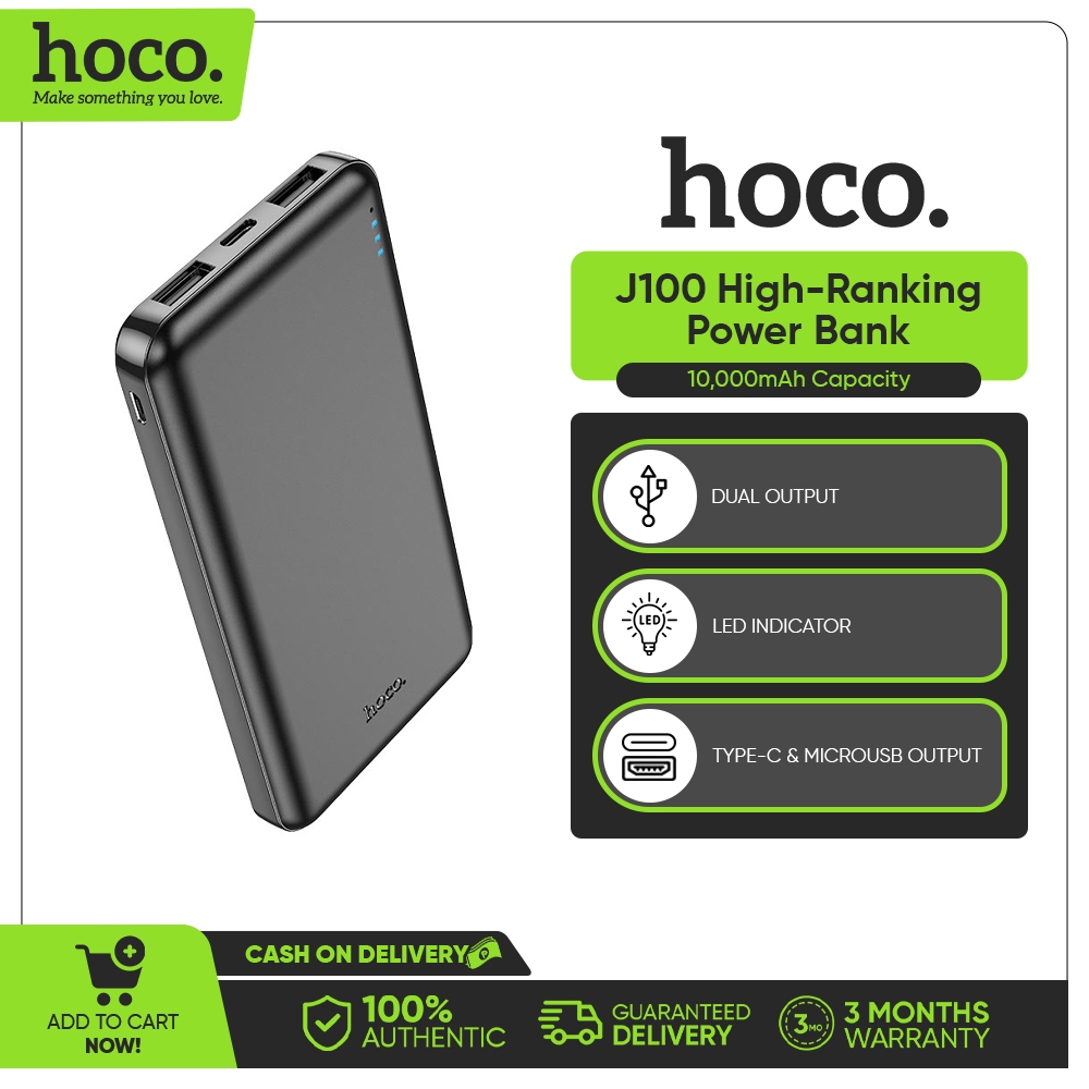HOCO J100 High-Ranking Power Bank | 10000mAh | Dual USB-A Output | LED ...