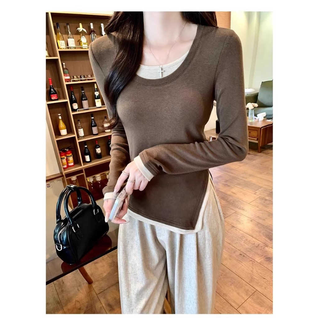 korean brown long sleeve fitted softex plain round neck t shirt elegant ...