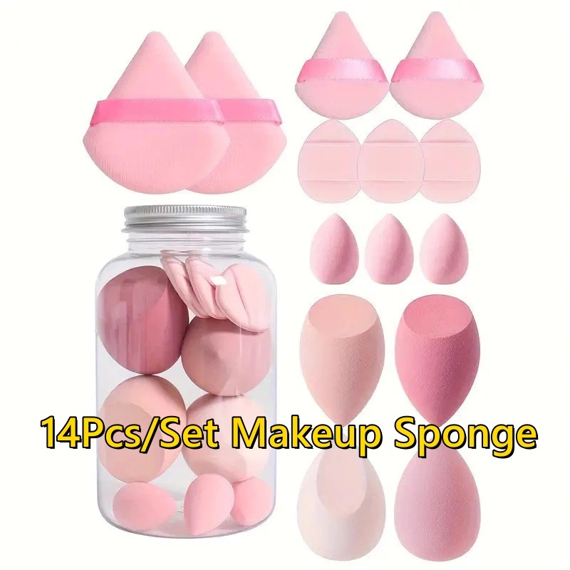 14Pcs Velvet Powder Puff & Makeup Sponge Set Dual-Use Wet/Dry Blenders ...