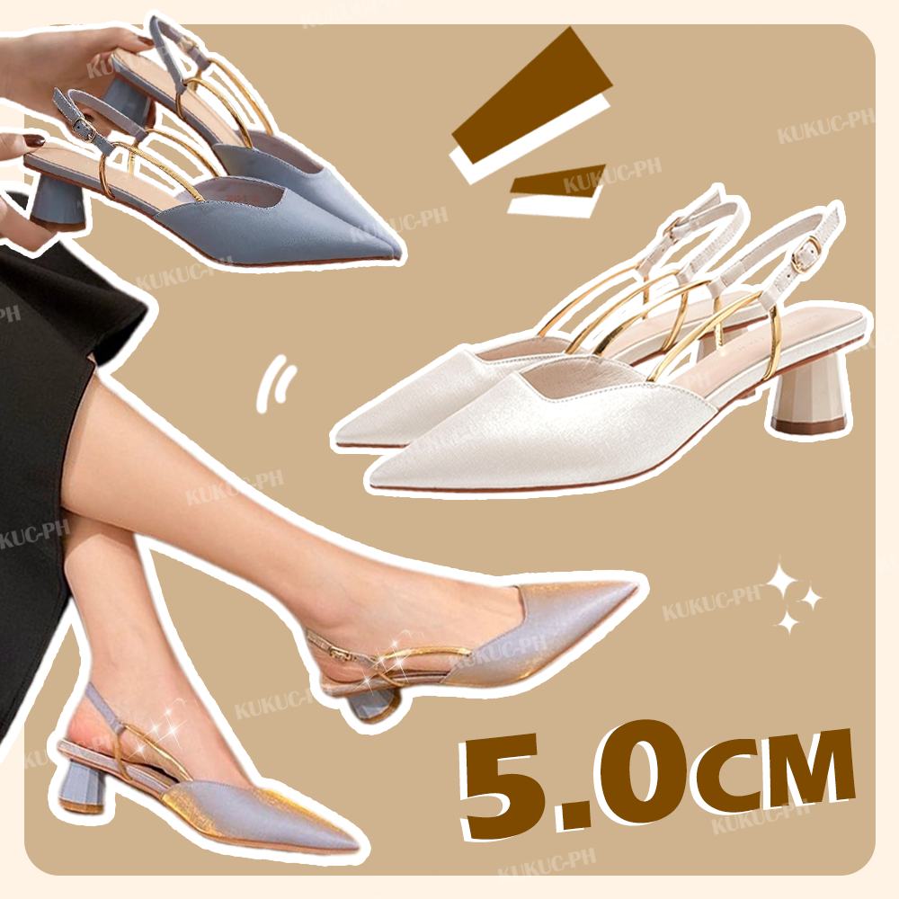 French Gradient Satin Pointed Toe Block Heel Sandals For Women Office ...