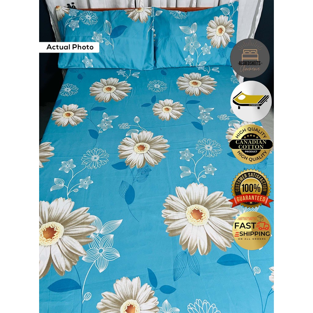 DAISY BLUE Fully Garterized Bedsheet with 2 Pillowcase 100% Premium ...