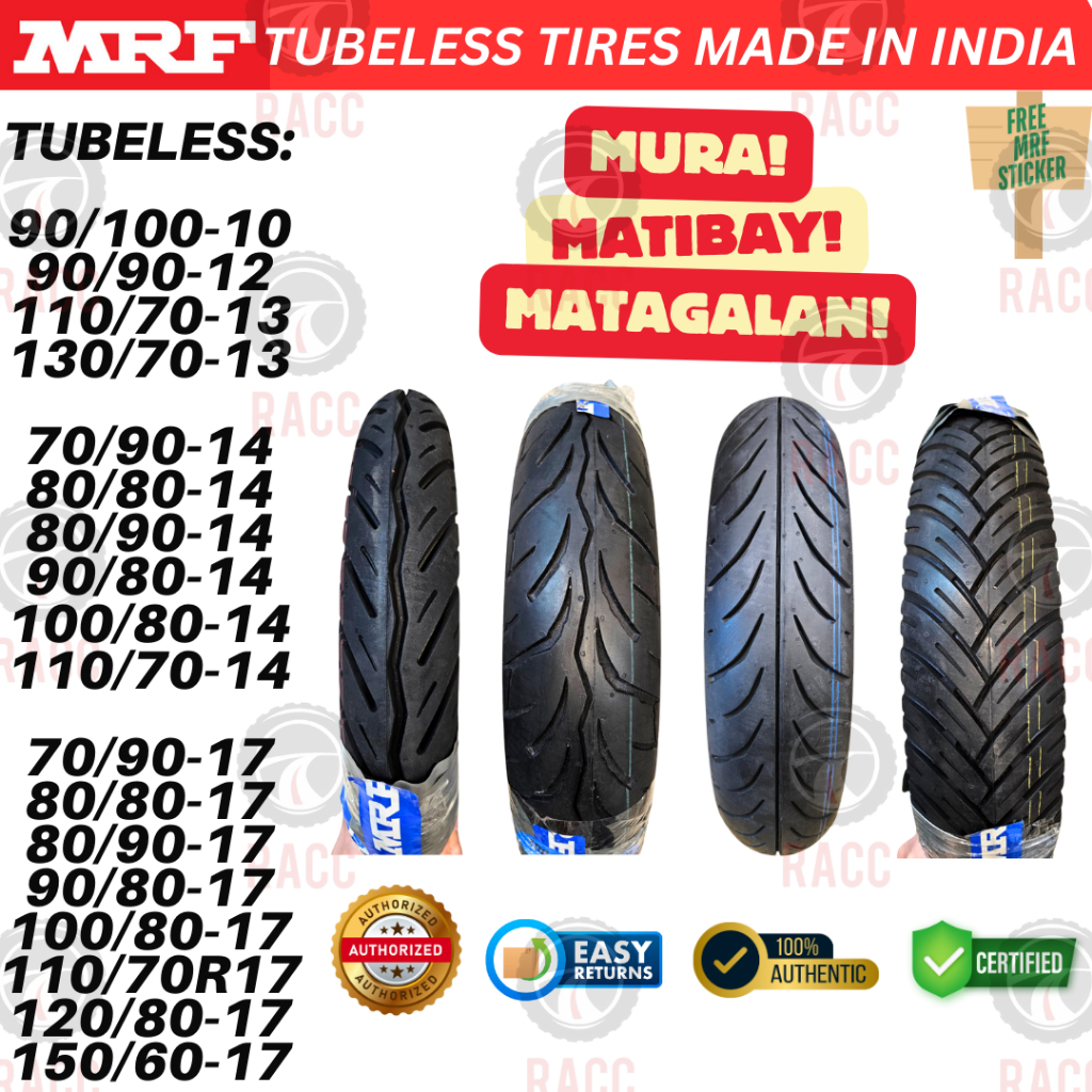 MRF TUBELESS TIRE (80/80-14) (90/80-14) (100/80-14) 80/80-17 90/80-17 ...