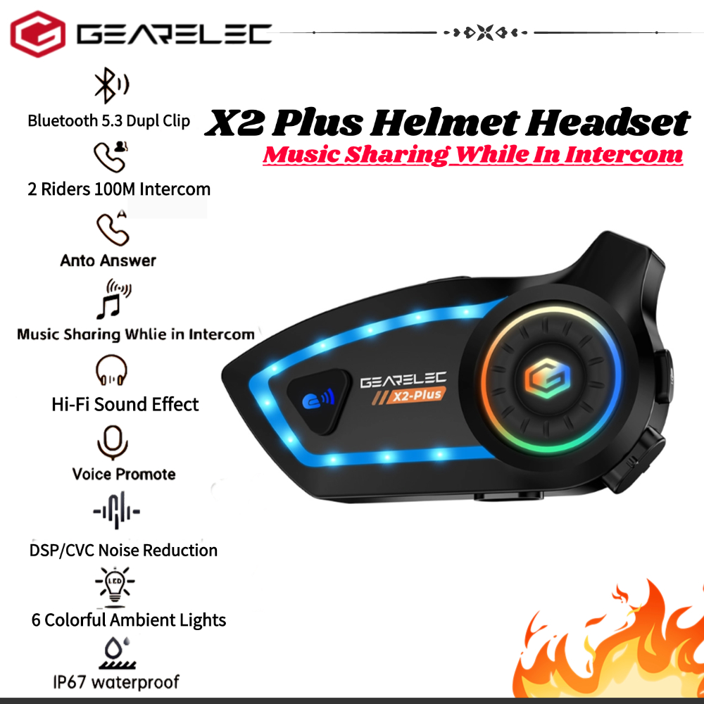 GEARELEC X2 Plus Motorcycle Helmet Intercom Headset 2 Rider 100M Music ...