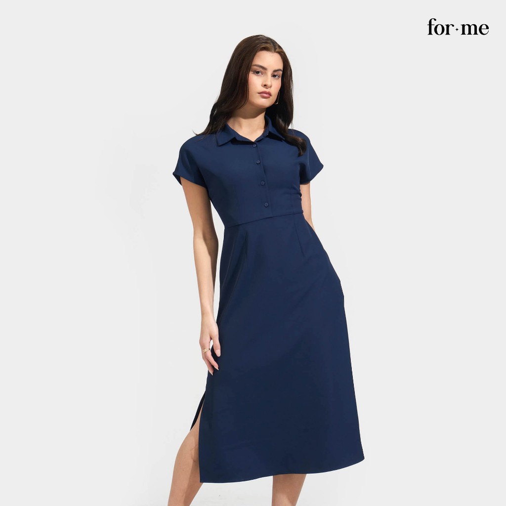 ForMe Extended Sleeves Button Down Midi Dress For Women (Navy Blue ...