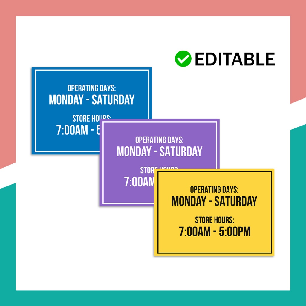 Editable Business Store Operating Days Hours Waterproof Signage Sintra ...