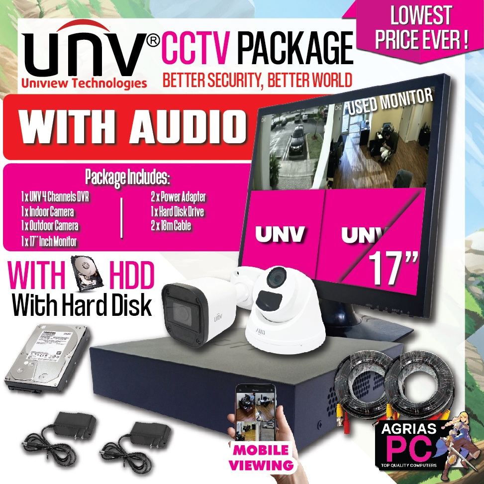 UNV CCTV PACKAGE Complete Set / 2 CAMERAS WITH AUDIO / DVR 4 Channel/WITH HARD DISK OPTION ...