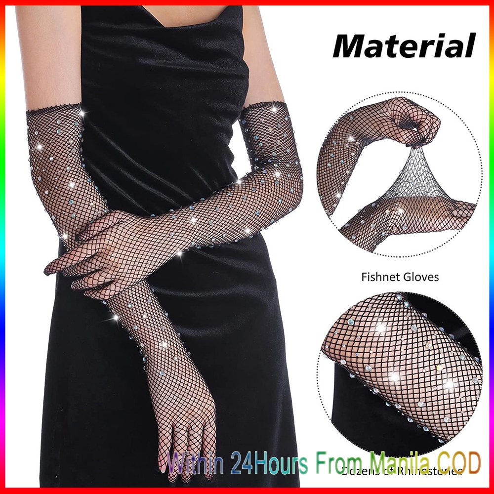 Rhinestones Fishnet Long Glove Fashion Sexy Hollow Sparkly Glitter ...