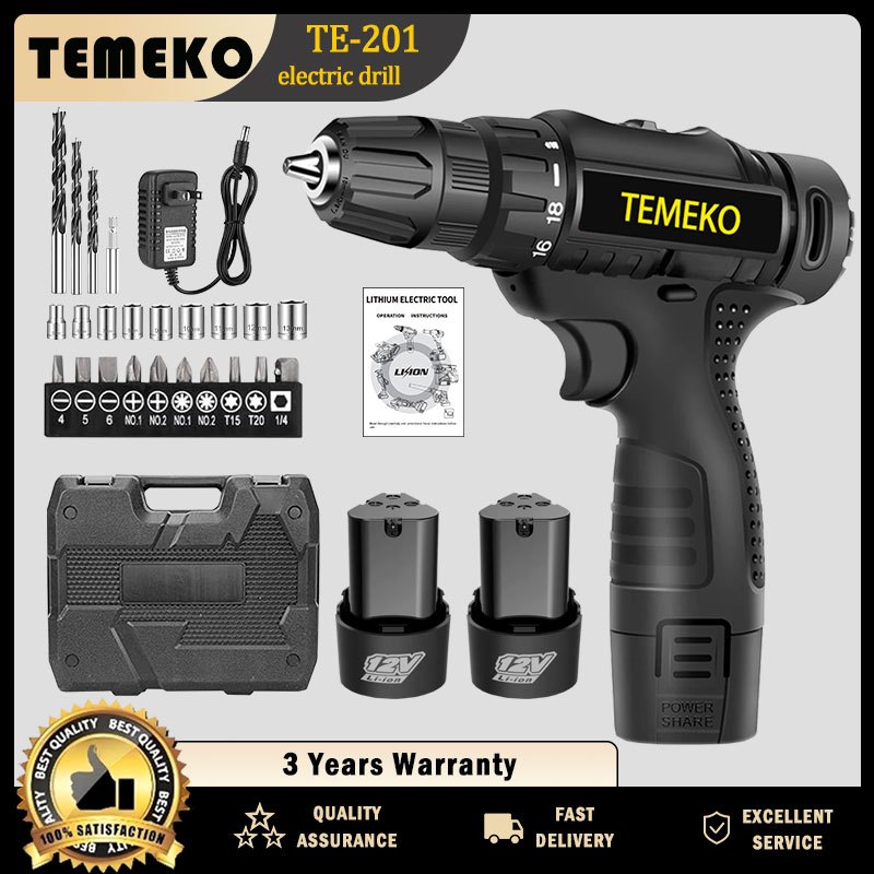 TEMEKO Cordless Impact Drill with Dual Speed, 2 Batteries & Full Accessory Drill Bits Set ...