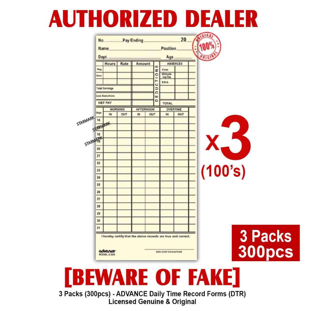 ADVANCE Time Card Cards ADVANCE Daily Time Record Records DTR 100pcs ...