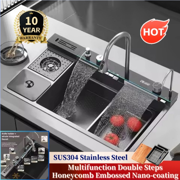 Digital Display Waterfall Stainless Steel Lababo Kitchen Sink With ...