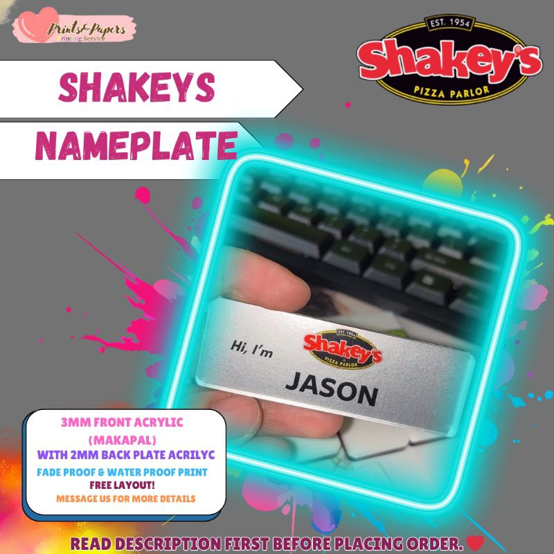 SHAKEY'S/Shakeys Custom Name Plate Magnetic PIN TYPE 1x3 inches (SHIP ...