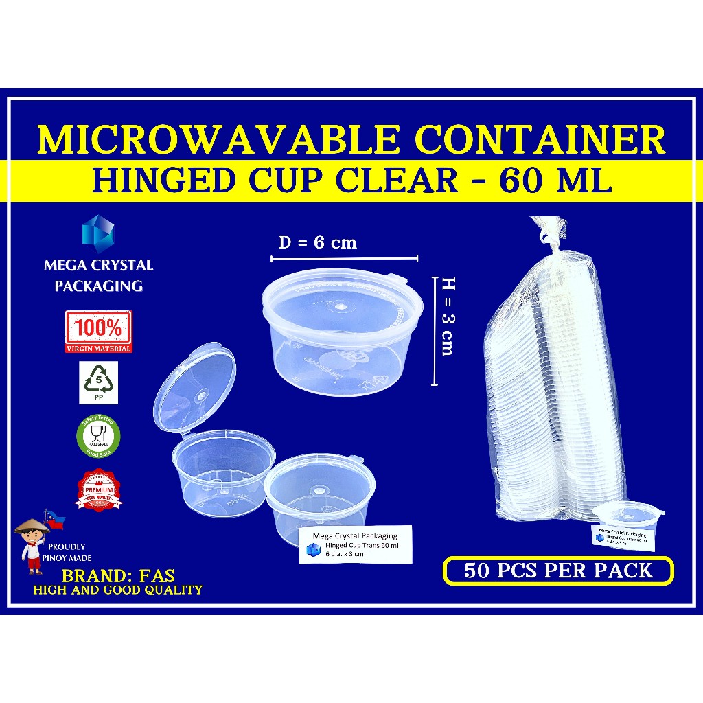 [ 50 Pcs ] FAS Pack Microwavable Cup Hinged Cup / Sauce Cup 60 ml with ...