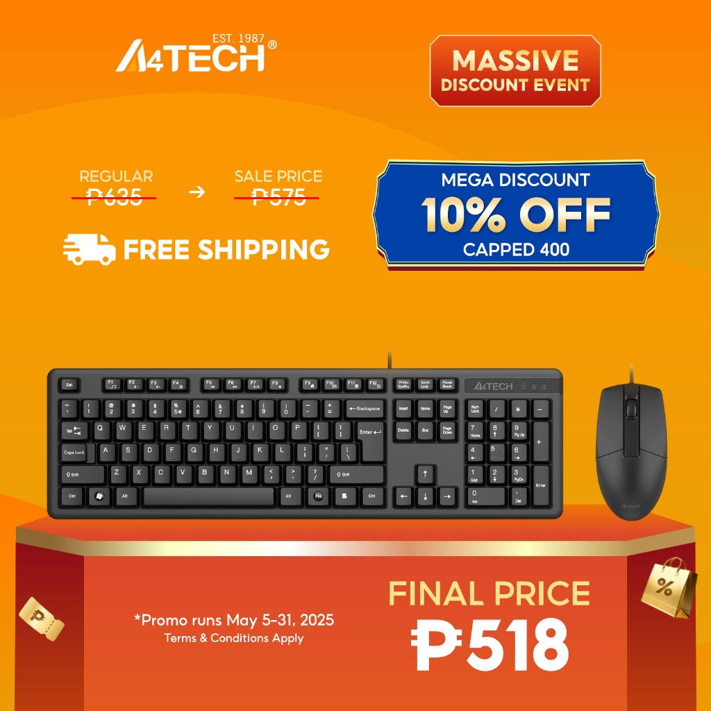 A4Tech KK-3330 Multimedia FN Laser Inscribed Keys Desktop Wired Keyboard and Mouse Combo ...