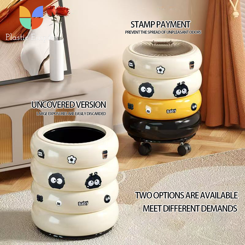 Adorable Press Trash Bin with Wheels Cute Cartoon Garbage bin Push-to ...