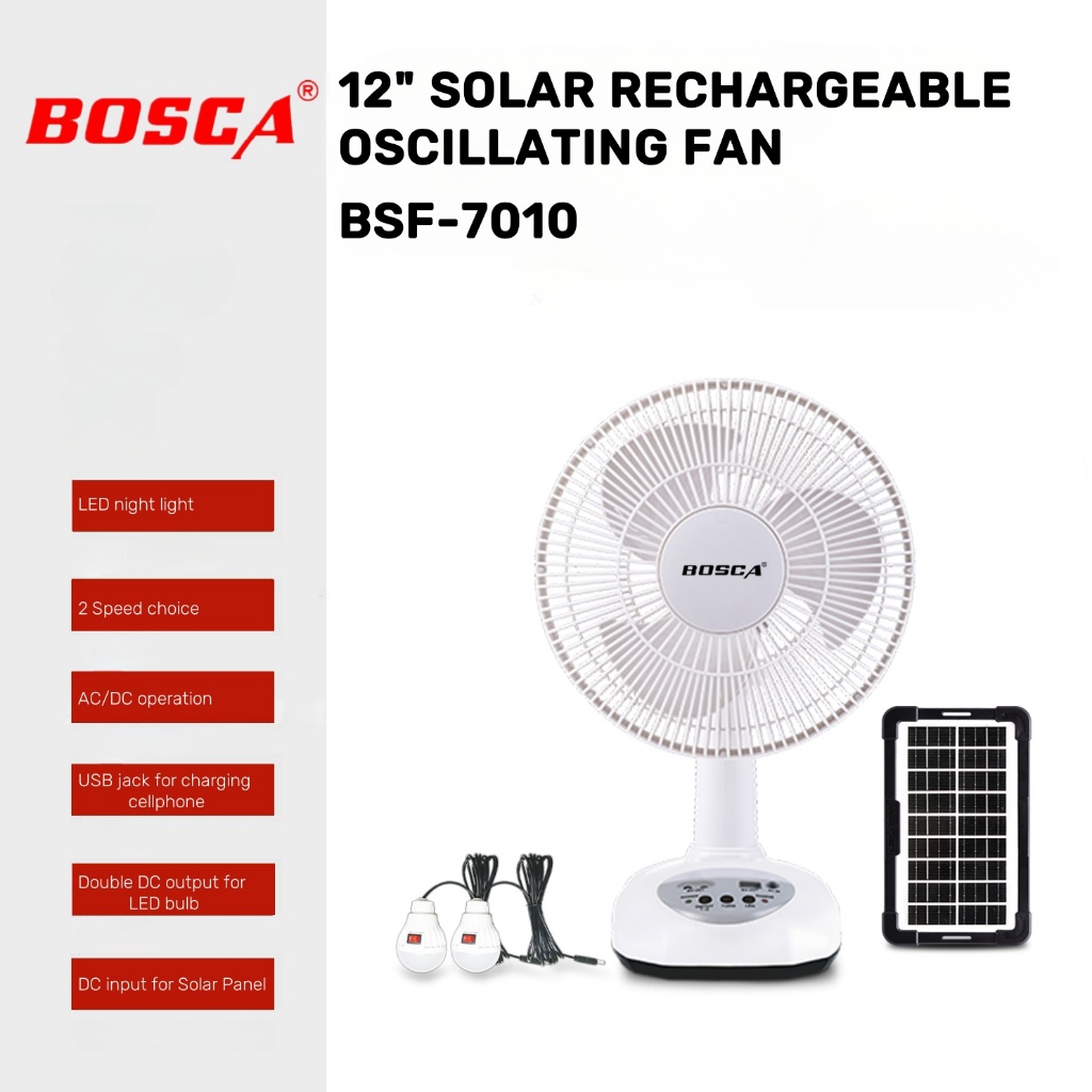 BOSCA 12" AC/DC Solar Recahrgeable Fan DESK Fan Box Fan With LED Light ...