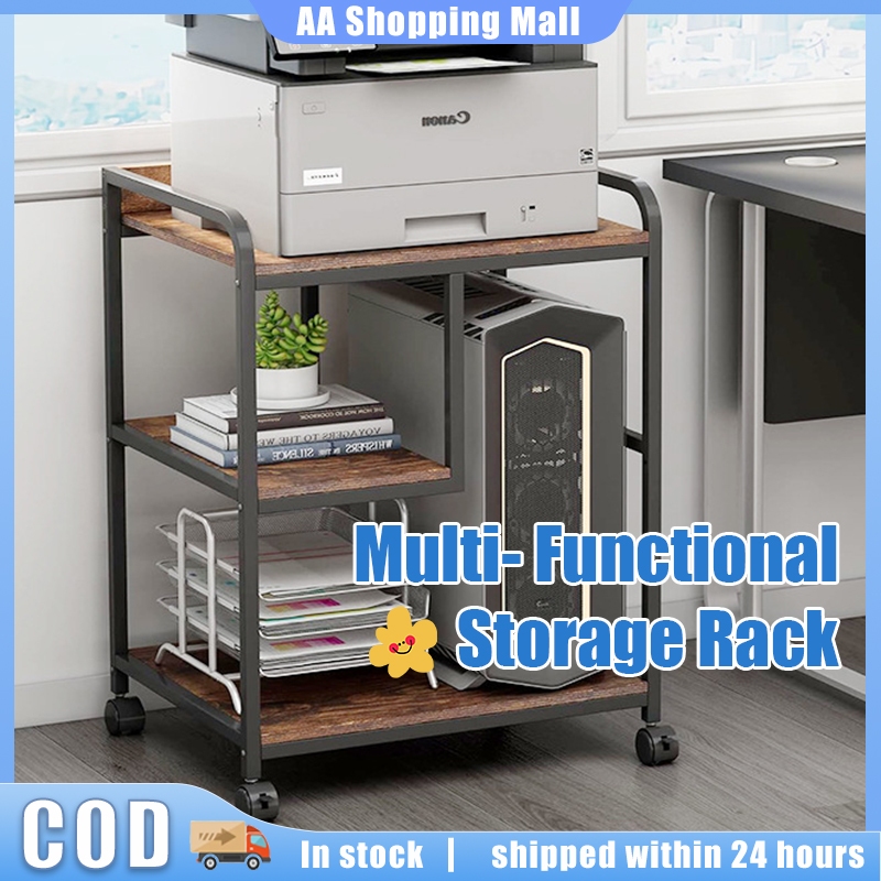 Printer Rack With Wheels Wooden Desktop Storage Rack 3 Layers Bedside ...