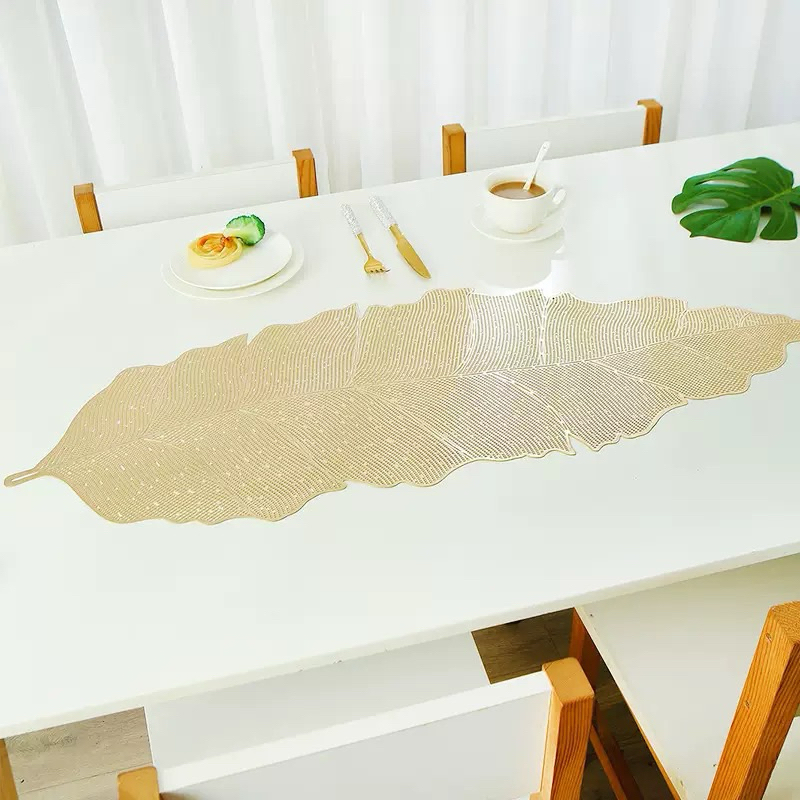 PVC Waterproof Gold leaf Table runner simulated plant hollow table mat ...